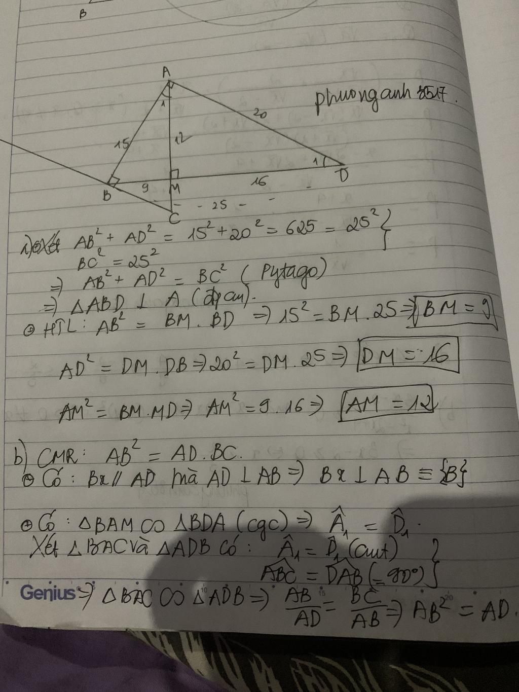 cho tam giác ABD có AB =15cm; AD=20 cm; BD=25cm. Vẽ AM vuông góc với BD a) C/m tam giác ABD ...