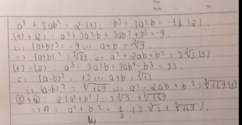 Cho a^3-3ab^2=2 và b^3-3a^2b= - 11 Tính a^2+b^2 câu hỏi 6134211 ...