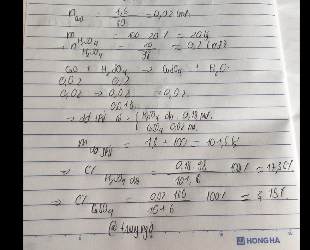 Cho 1,6g Cuo+100g dd H2SO4 20%. a) Viết PTHH b) Tính nồng độ phần trăm ...
