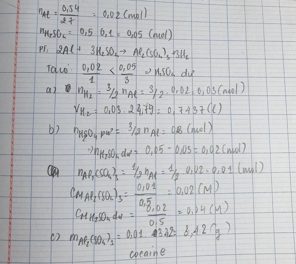 cho 0,54g nhôm pư với 500ml dd H2SO4 0,1M, sau pư thu được dd A và V ...