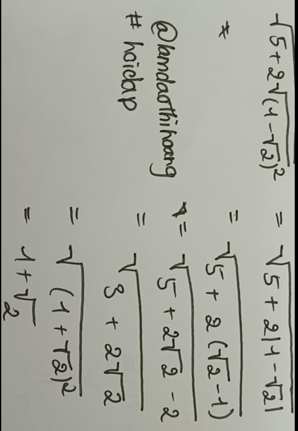 Rg: `\sqrt{5+2\sqrt{(1-\sqrt{2})^2}}` câu hỏi 6167947 - hoidap247.com