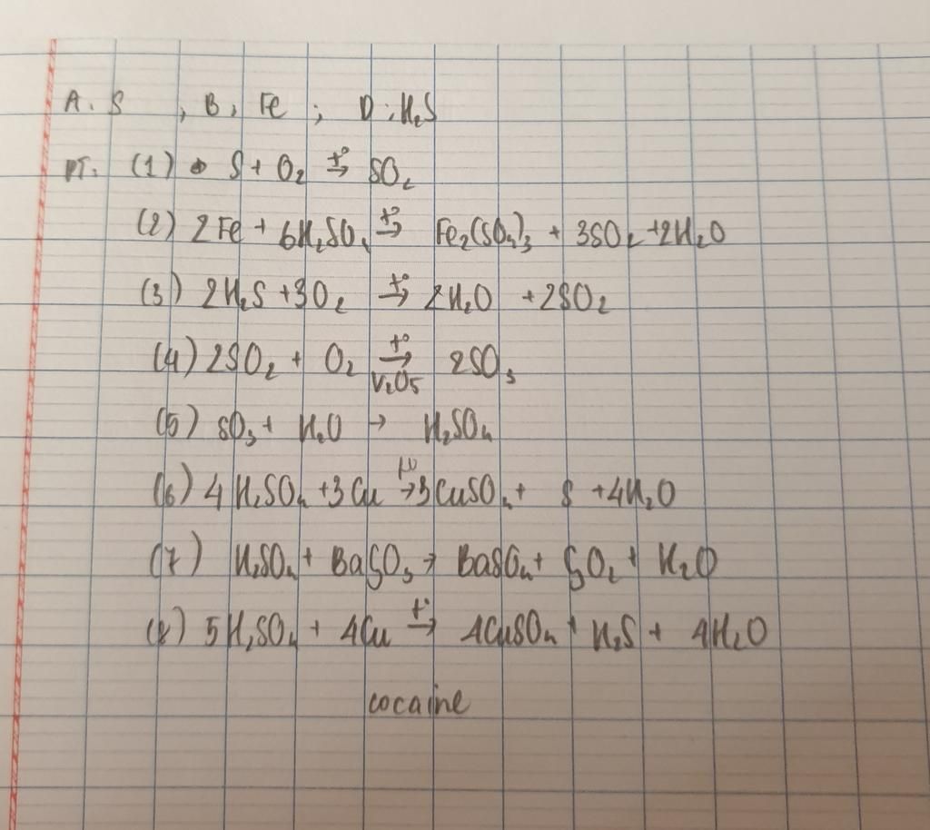 (1)A--> SO2 (2)B--> SO2 (3)D--> SO2 (4) SO2-->SO3 (5) SO3 --> H2SO4 (6 ...