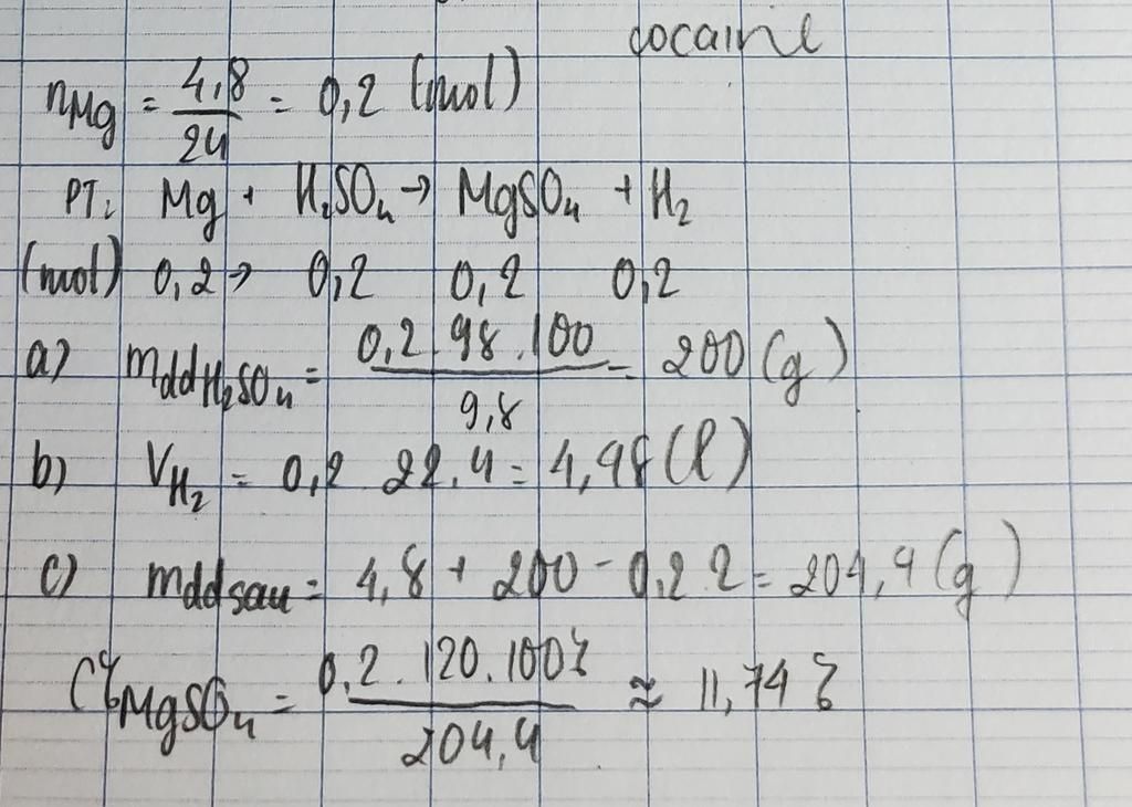 hòa tan hết 4,8 gam mg vào lượng vừa đủ dd h2so4 9,8% (loãng) a) Tính ...