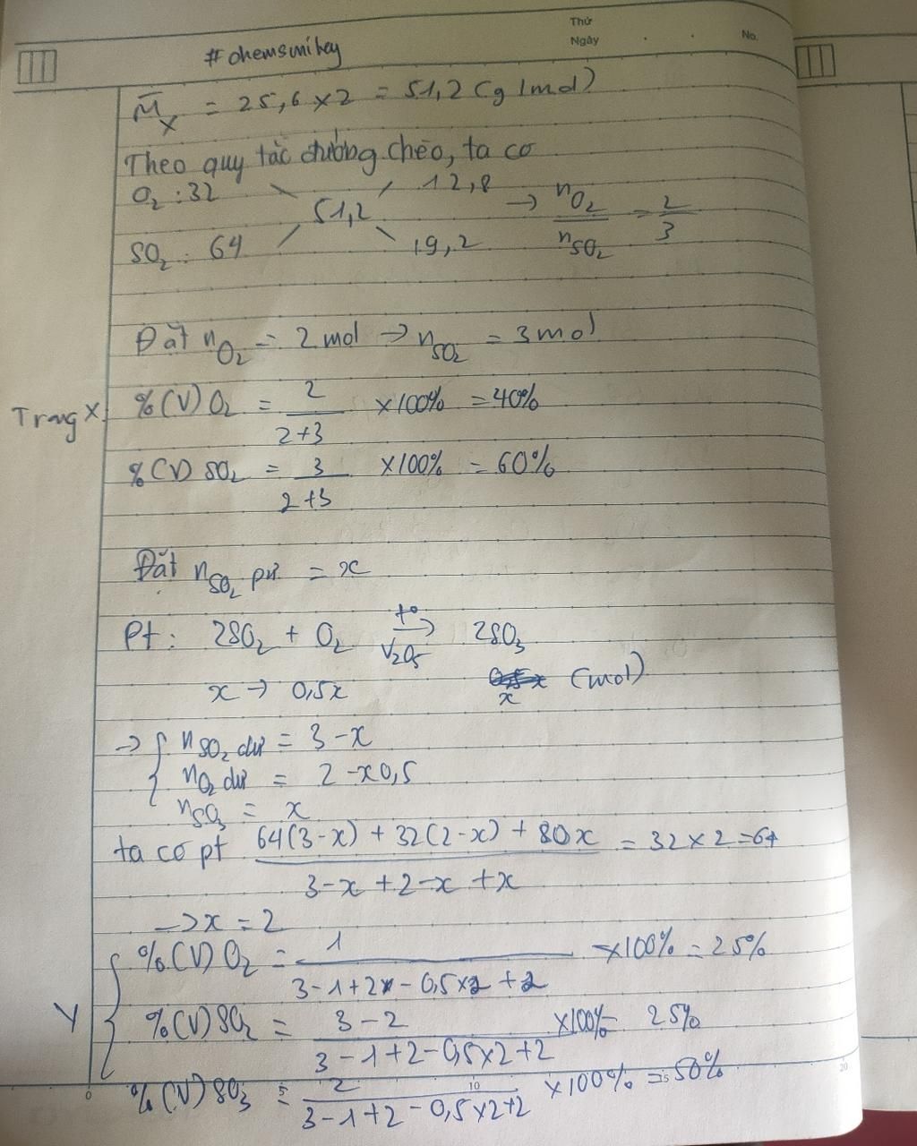 Hỗn hợp khí X(O2 và SO2) có tỉ khối với H2 = 25,6. Đun nóng hỗn hợp X ...