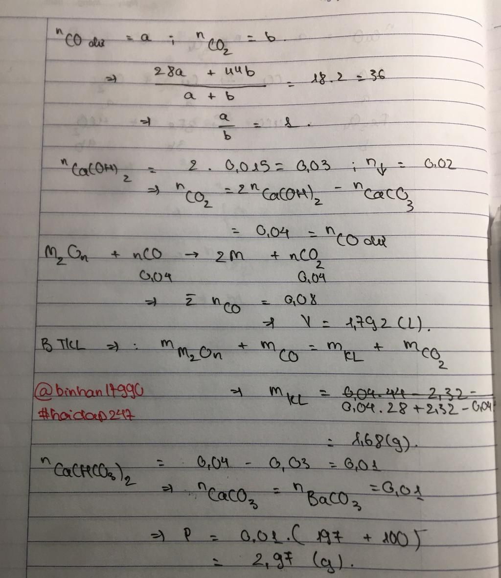 Cho V lít CO (đktc) đi qua ống xứ chứa 2,32 g oxit kim loại , nung nóng đến phản ứng hoàn toàn ...