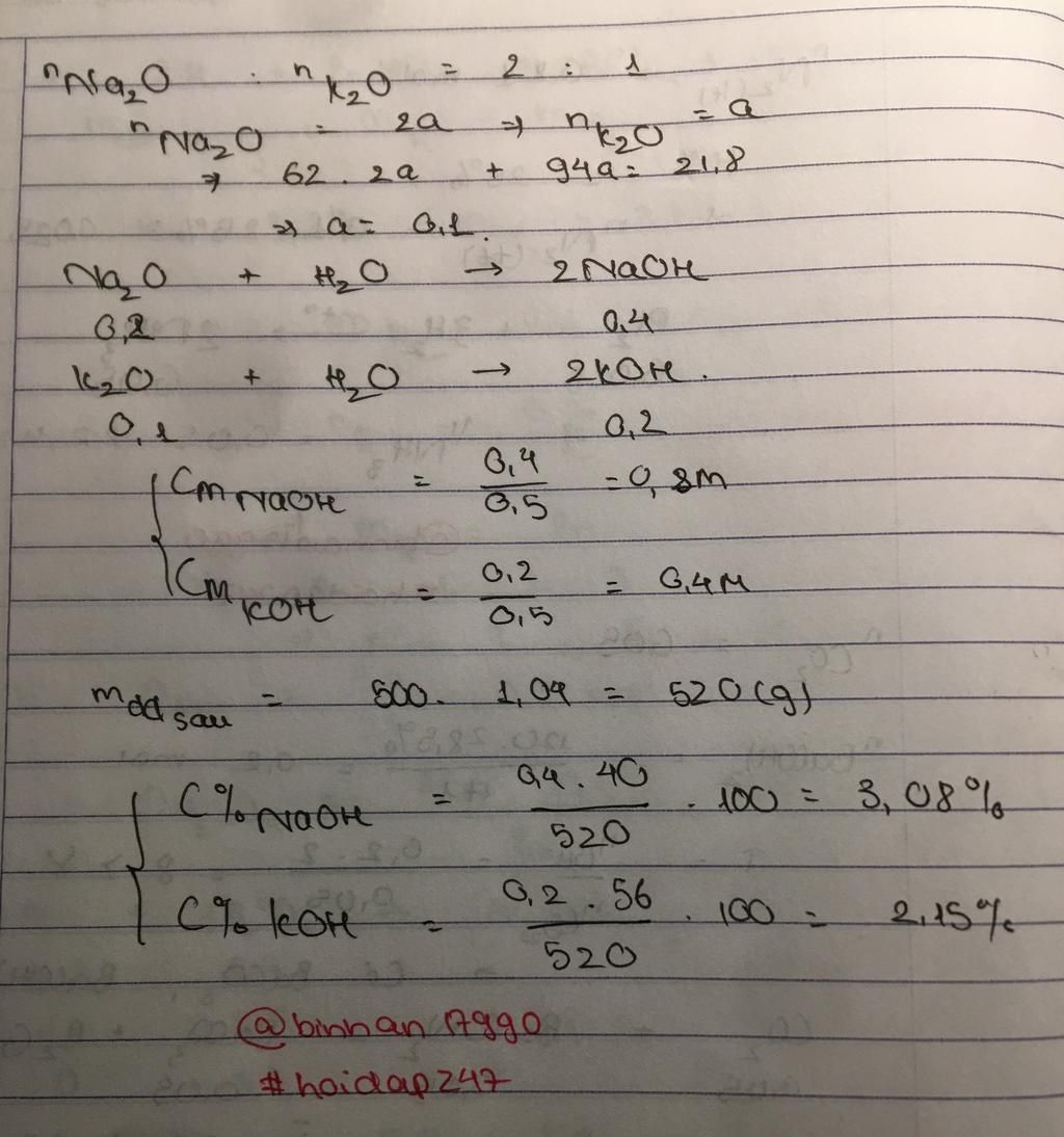 hoà tan 21.8 g dd 2 oxit na2o và k2o có tl số mol là 2:1 vào 1 lg h2o rồi thêm h2o vào cho đủ ...