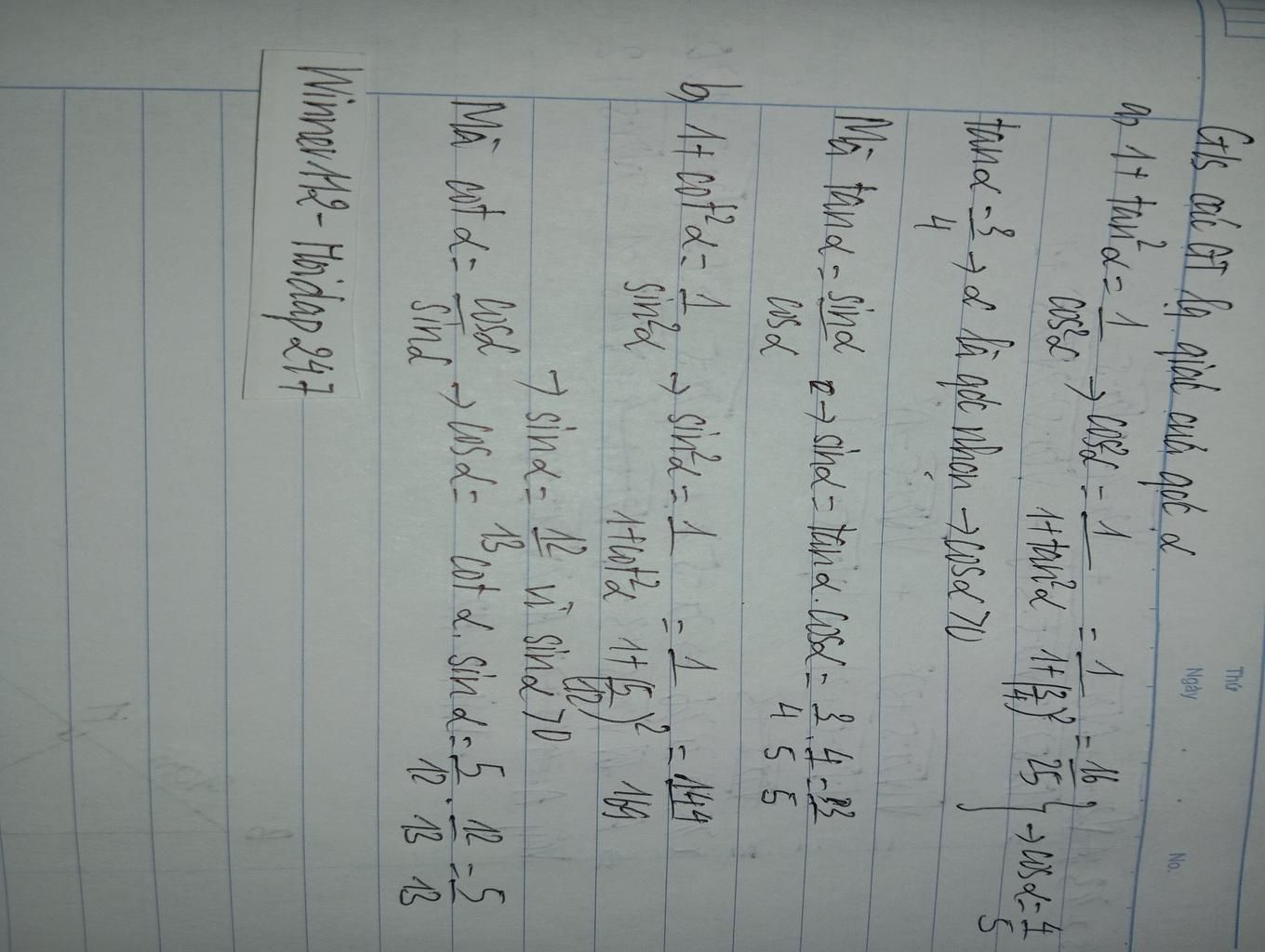 tìm sin , cos biết: `a)` tan =3/4 `b)` cot = 5/12 câu hỏi 6202060 ...