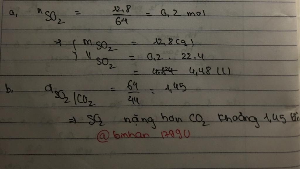 Hãy cho biết 12,8 gam khí SO2 ở đktc a)Có khối lượng là bao nhiêu? b ...