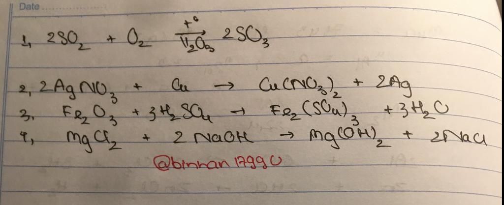 Viết các PTHH theo sơ đồ : 1) SO2 + 02 -----> SO3 2) AGNO3 + CU ...