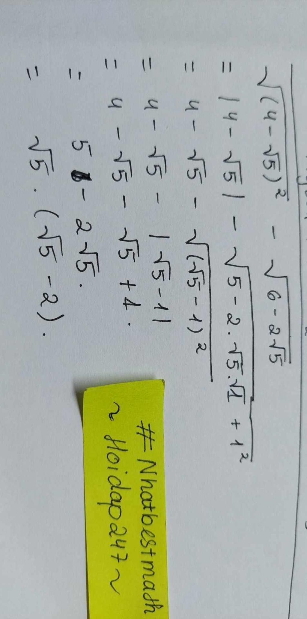 Tính: `\sqrt{(4 -\sqrt{5})^2} - \sqrt{6 - 2\sqrt{5}}` câu hỏi 6220602 ...