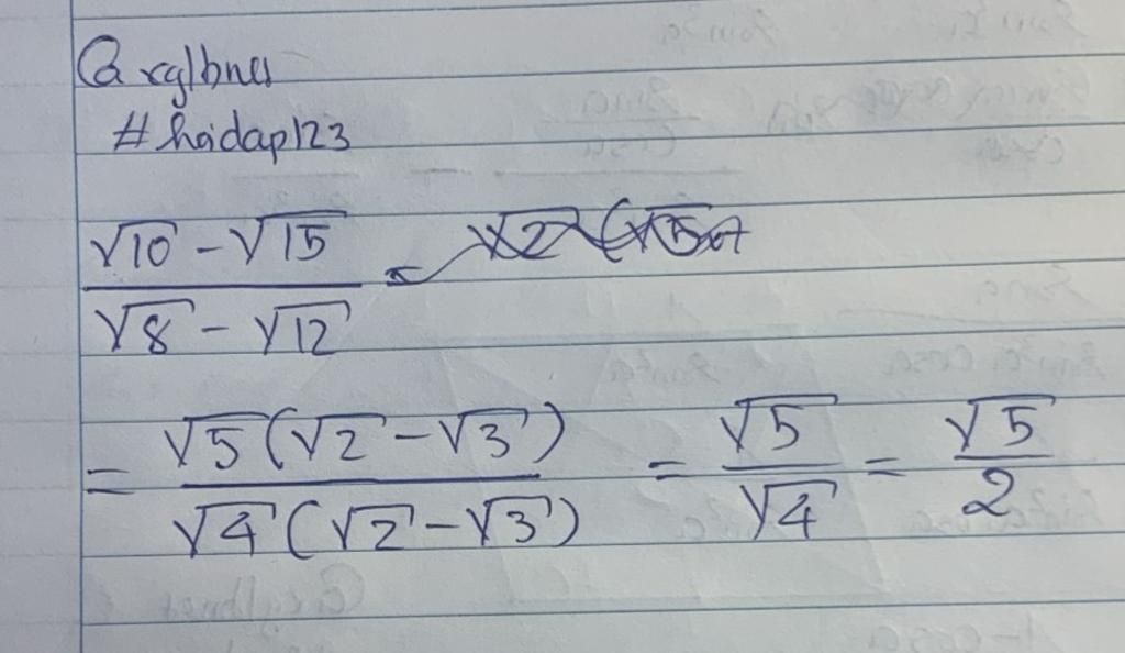 Tính: `(\sqrt10-\sqrt15)/(\sqrt8-\sqrt12)` câu hỏi 6234081 - hoidap247.com
