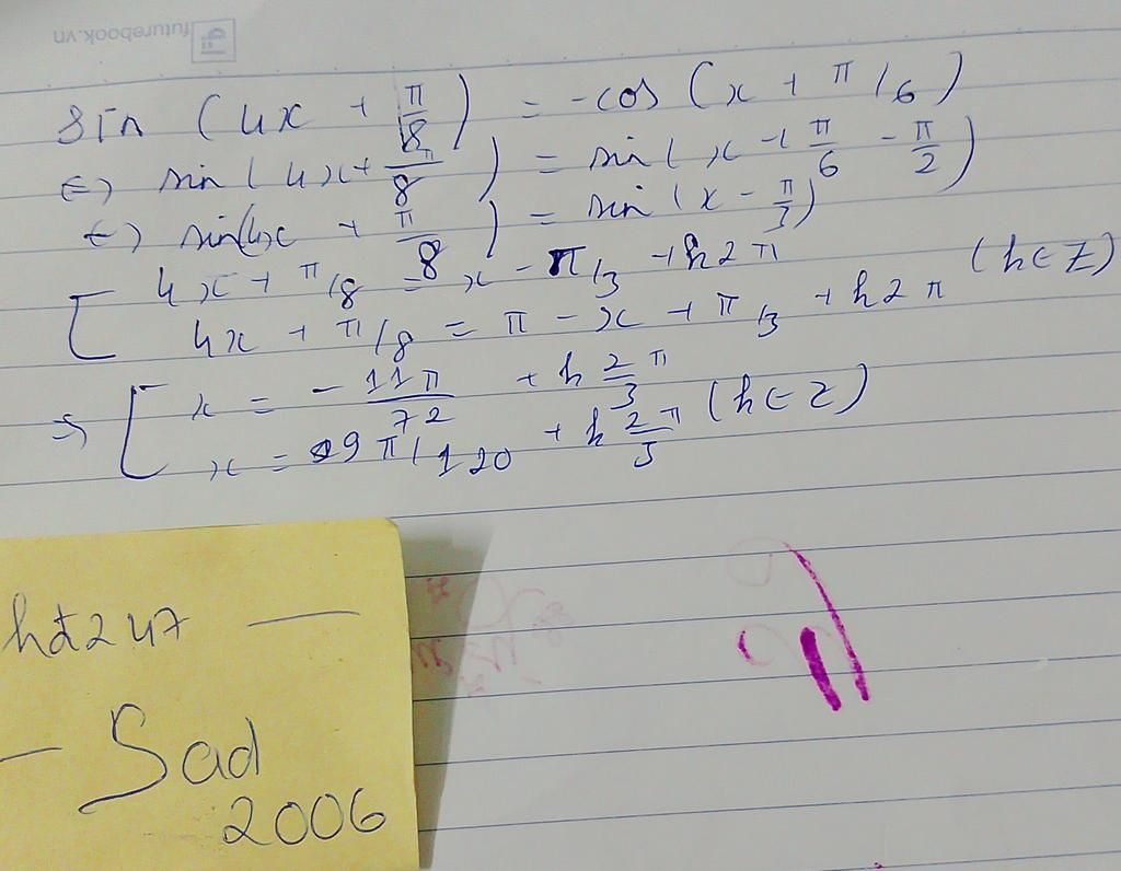Sin(4x+ π/8)=-cos(x+ π/6) câu hỏi 6251549 - hoidap247.com