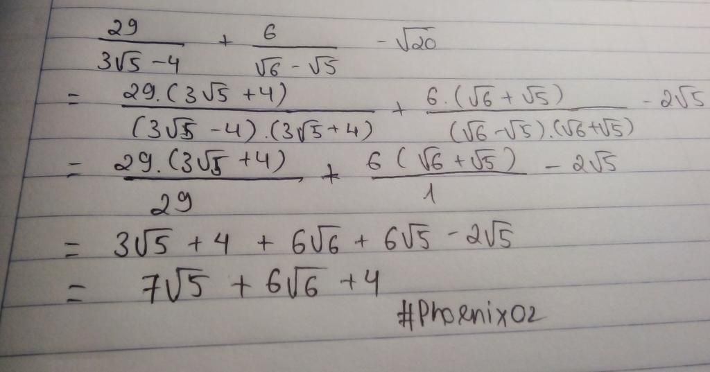 tính `\frac{29}{3\sqrt{5}-4} + \frac{6}{\sqrt{6}-\sqrt{5}} -\sqrt{20 ...