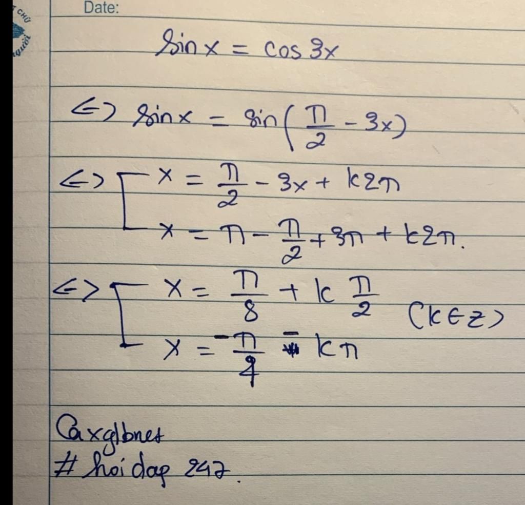 Sinx=cos3x ai giải hộ mình câu hỏi 6308980 - hoidap247.com