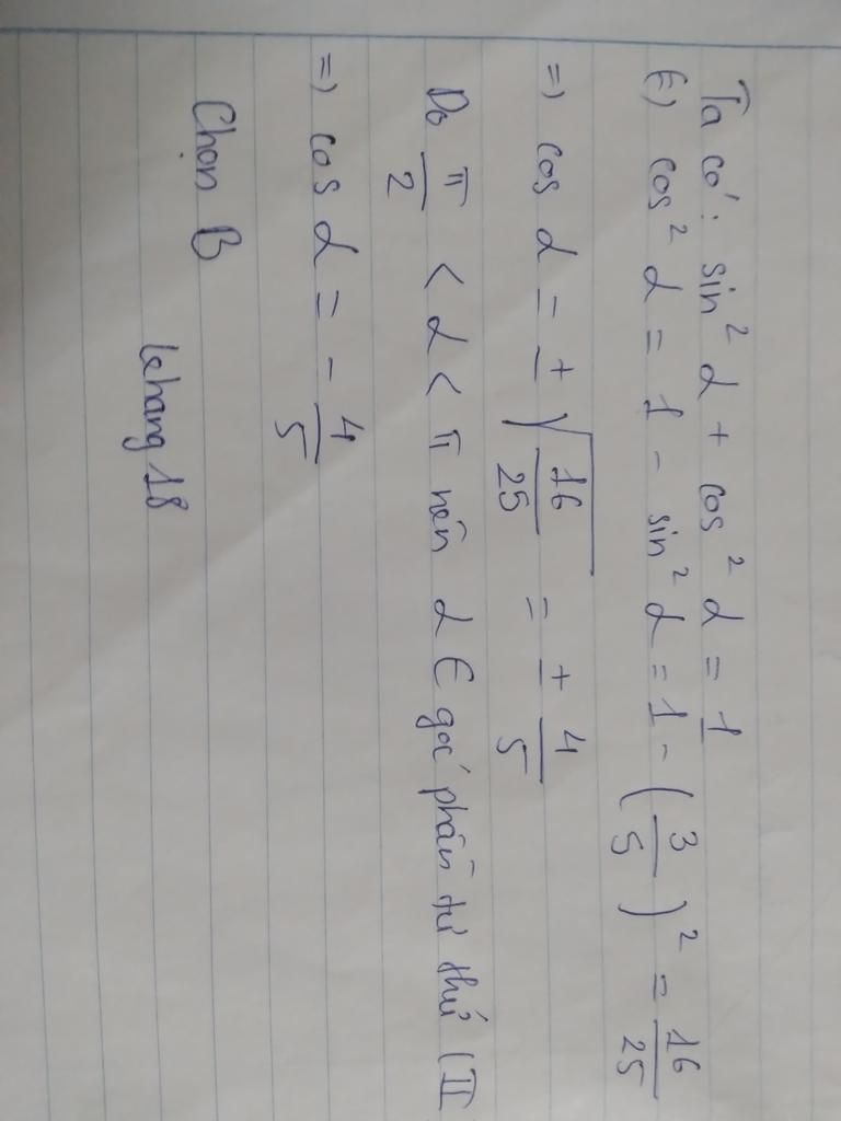 Cho `sin \alpha` `=` `3/5` và `\pi/2`