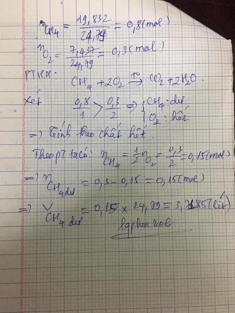 Đốt cháy 19,832 lít khí Methan CH với 7,437 lít khi Oxygen O thu được ...