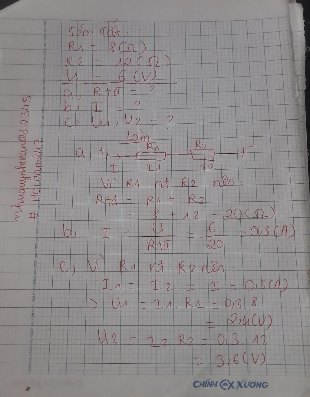 Một đoạn mạch gồm hai điện trở R1 = 8W; R2 = 12W được mắc nối tiếp với nhau vào hai đầu đoạn ...