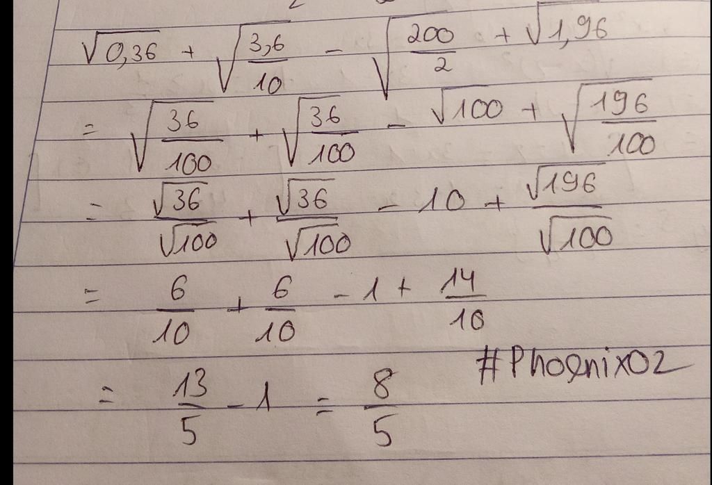 $\sqrt{0,36}$ + $\sqrt[]{}$$\frac{3,6}{10}$ -$\sqrt[]{}$ $\frac{200}{2 ...