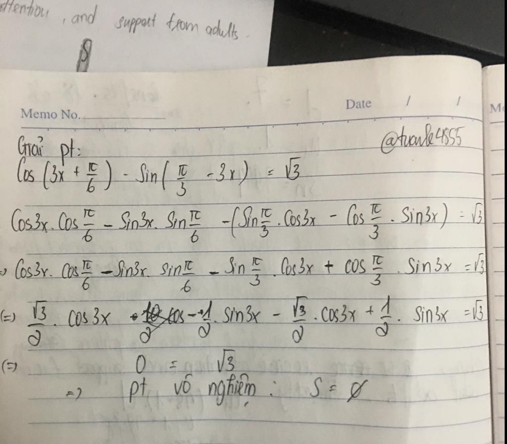 giải pt lượng giác cos ( 3x+ pi/6 )- sin (pi/3-3x ) = căn 3 câu hỏi 6412976 - hoidap247.com