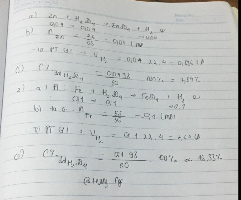 1) Cho 2,6g kẽm vào 50g H2SO4. a) Viết phương trình hoá học b) Tính thể ...