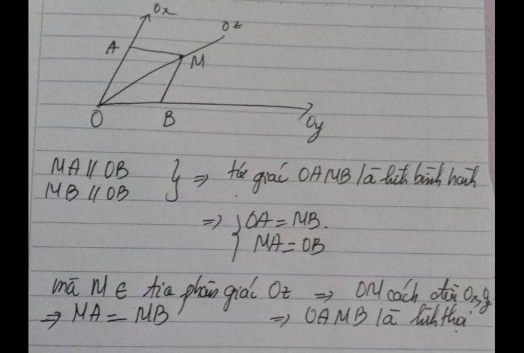 cho góc xoy và tia phân giác ot . từ điểm m thuộc ot kẻ ma// oy và mb // ox ( với A thuộc ox , B ...