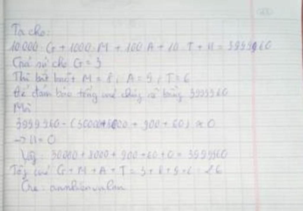 Let G, M, A, T, H be 5 distinct digits other than 0. Known that the sum ...