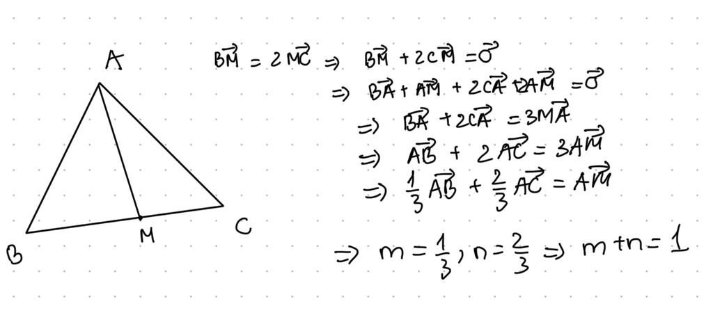 Cho tam giác `ABC` . Gọi `M` là điểm sao cho vecto`BM` = `2` vecto `MC`. Biểu diễn vecto `AM ...