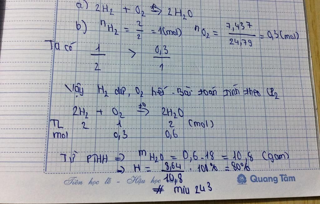Đốt cháy 2g khí Hydrogen trong 7,437 lít Oxygen (đktc), sau phản ứng ...