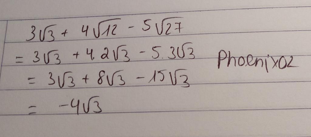 : Rút gọn các biểu thức : `3\sqrt{3}+4\sqrt{12}-5\sqrt{27}` câu hỏi ...