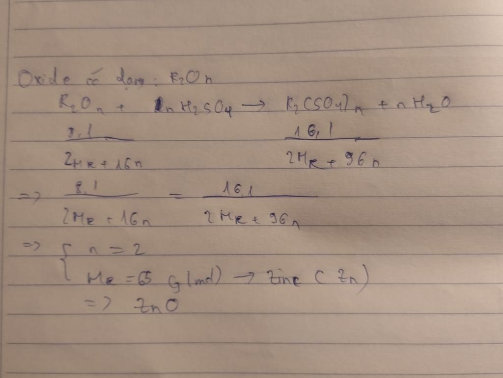 Hòa tan 8,1 gam oxit kim loại với dd H2SO4 thu được 16,1gam muối. Tìm oxit kim loại. câu hỏi ...