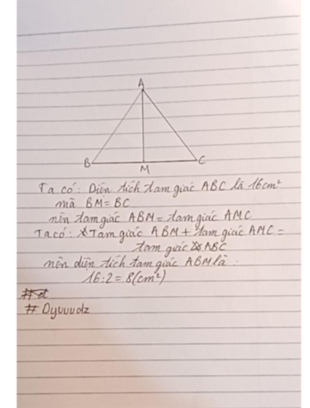 Cho tam giác ABC, trên BC lấy điểm M sao cho BM = MC. Tính diện tích ...