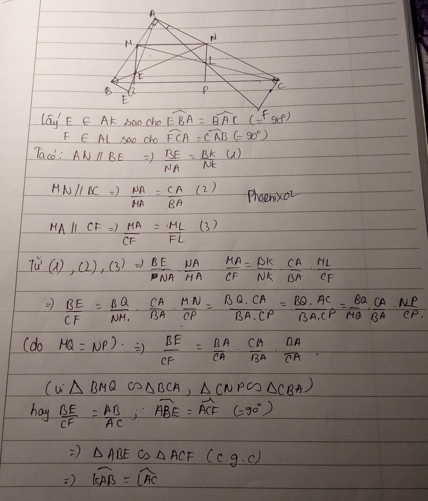 `2)` Cho `triangle ABC` vuông tại `A`. Hình chữ nhật `MNPQ` thay đổi ...