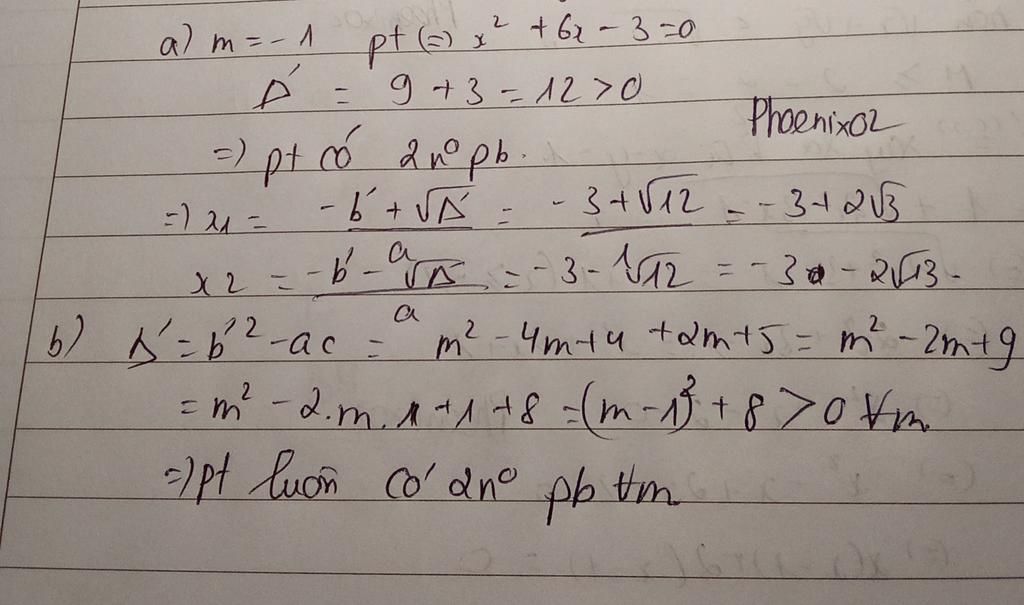 Cho phương trình: x^2-2(m-2)x-2m-5=0 a) thay m=-1 b) tìm m để phương ...