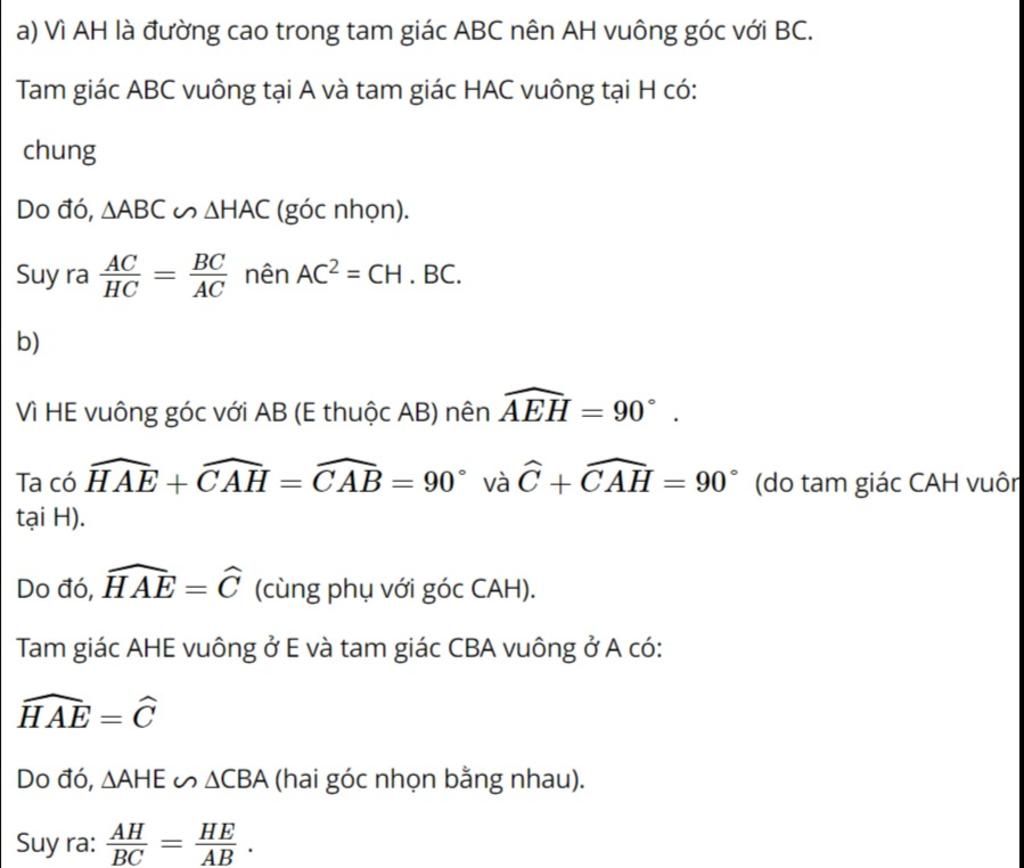 cho tam giác ABC vuông tại A có đường cao AH, kẻ HM vuông gốc với AB tại M a, chứng minh tam ...