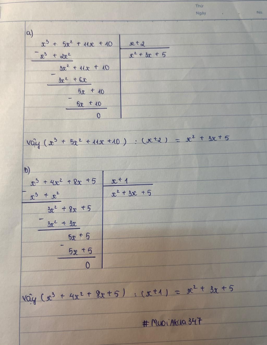 Thực hiện các phép chia sau: a) (x^3+5x^2+11x+10):(x+2) b) (x^3+4x^2+8x ...