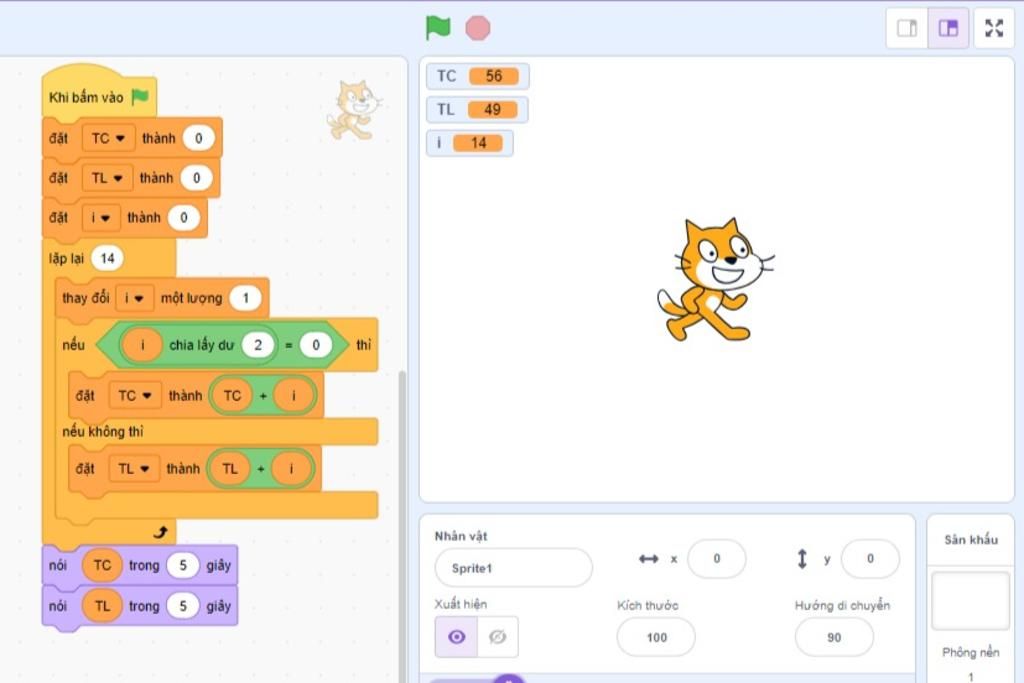 Tính tổng các số chẵn lẻ lớn hơn 0 nhỏ hơn 15 trên scratch Giải chi ...