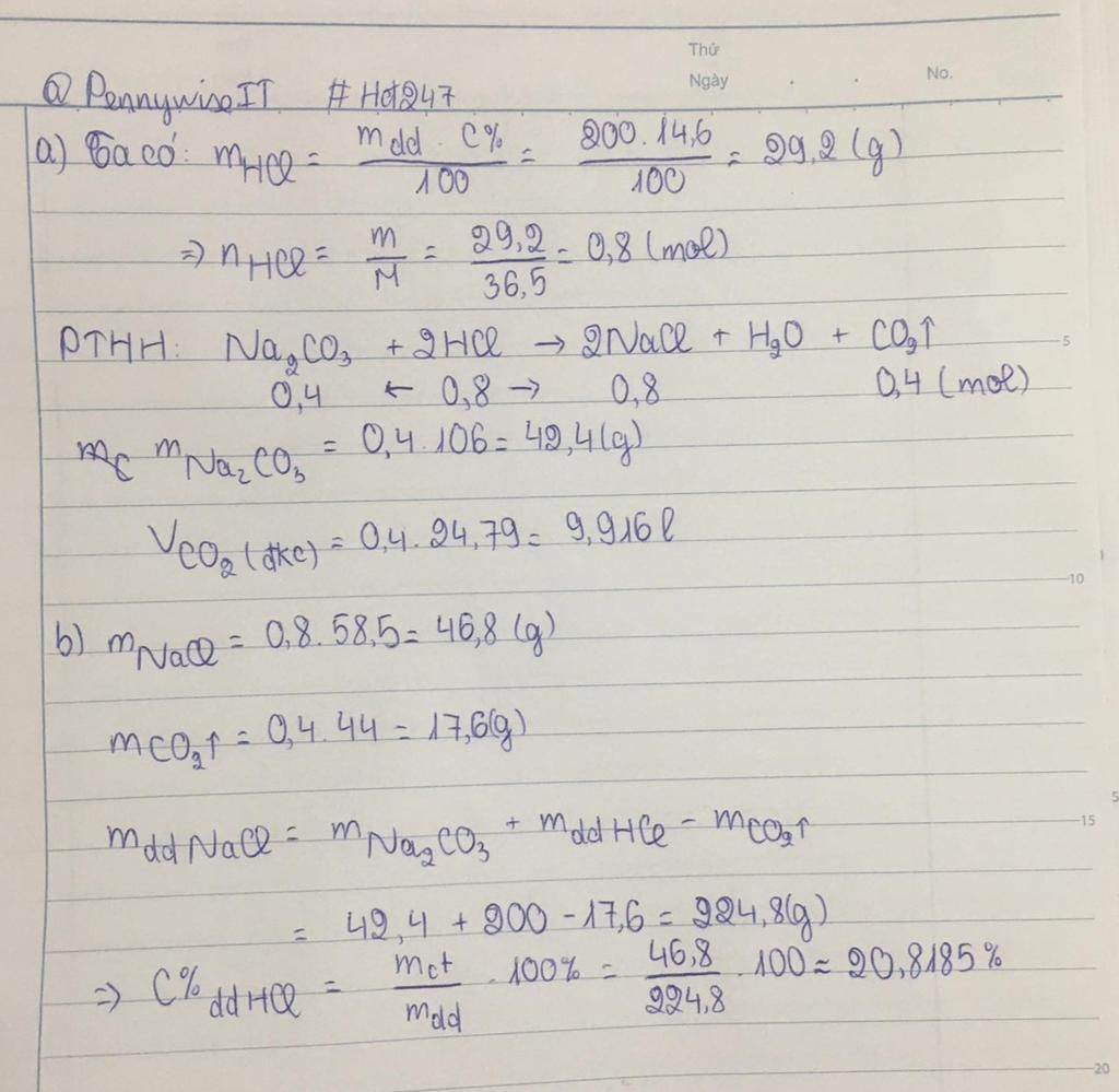 Hoà tan muối sodium carbonate (Na2CO3) trong 200g dung dịch hydrochloric acid (HCl) 14,6% a ...