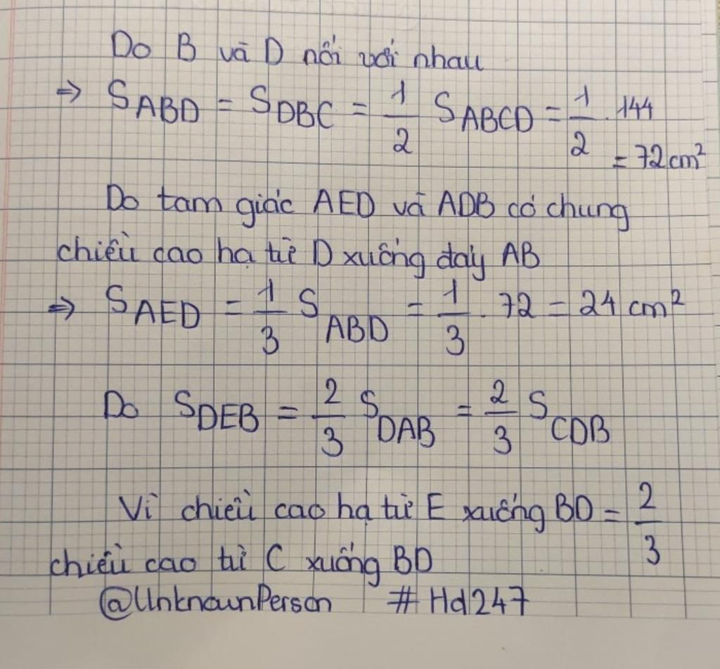 Cho hình chữ nhật ABCD . Trên Ab lấy điểm E sao cho AB = 3 x AE . BD ...