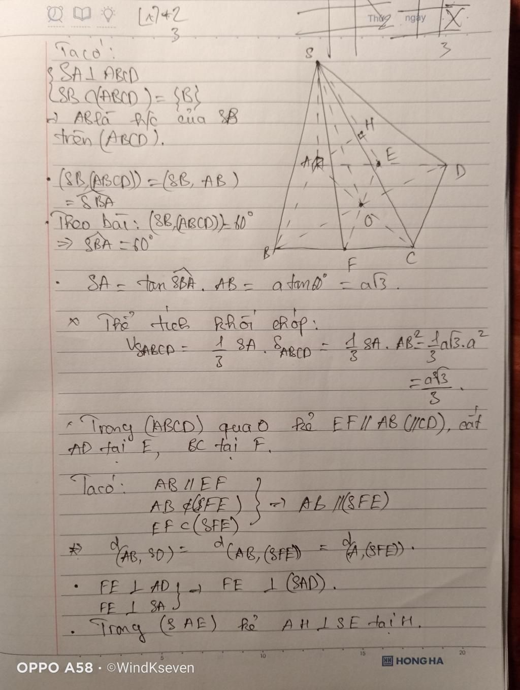 Cho hình chóp S.ABCD có đáy ABCD là hình vuông tâm O, cạnh a. Biết SA ...