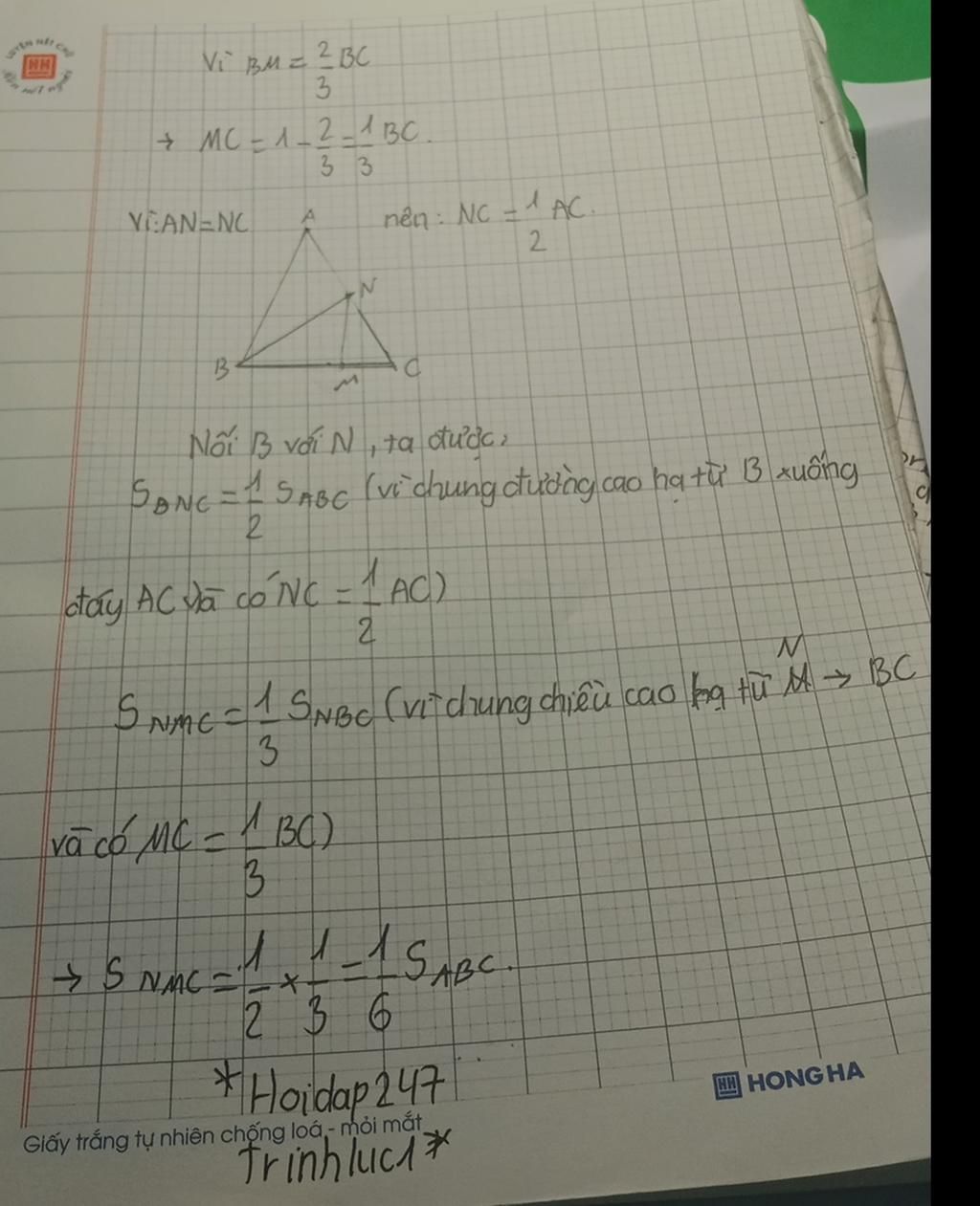 cho hình tam giác abc , trên bc lấy điểm m sao cho bm bằng 2/3 bc ,trên ...