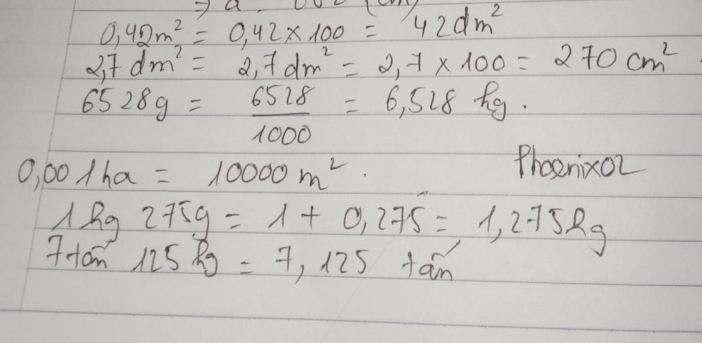 0,42 m2=......dm2 2,7 dm2=.......dm2......cm2 6528g=........kg 0,001 ha ...