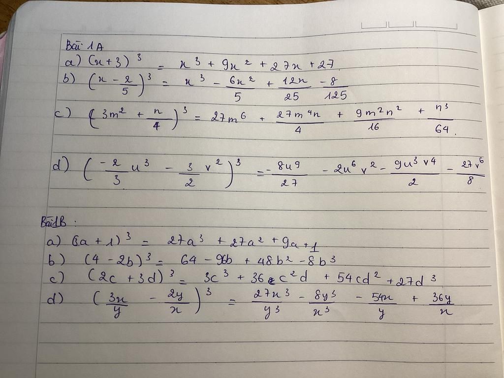 1A:Thực hiện phép tính a) (x+3)^3 b) (x-`2/5`)^3 c) (3m^2 + `n/4`)^3 d ...