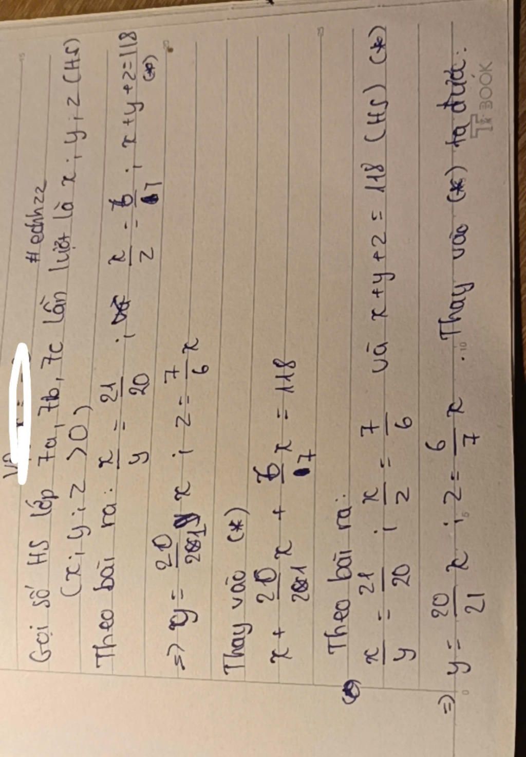 3 lớp 7a 7b 7c có 118 học sinh số học sinh của 7a và 7b tỉ lệ 21/20 số ...