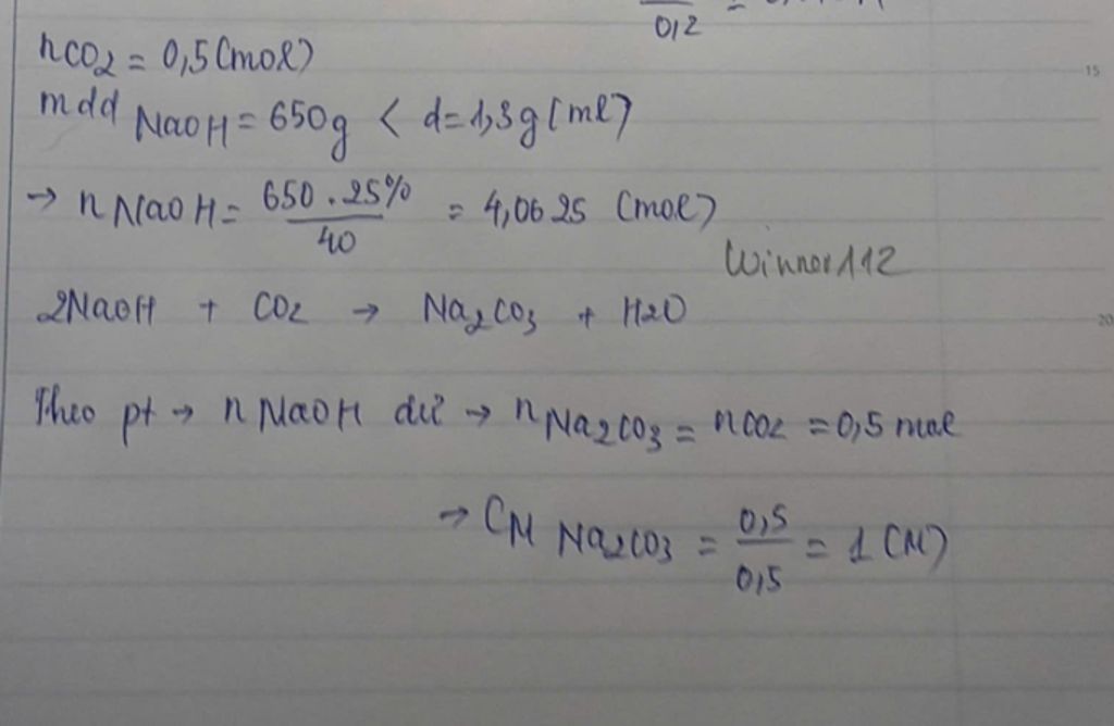 cho 12,395 lít CO2 (đkc) vào 500 ml dd NaOH 25% (d = 1,3/ml ).Tính nồng ...