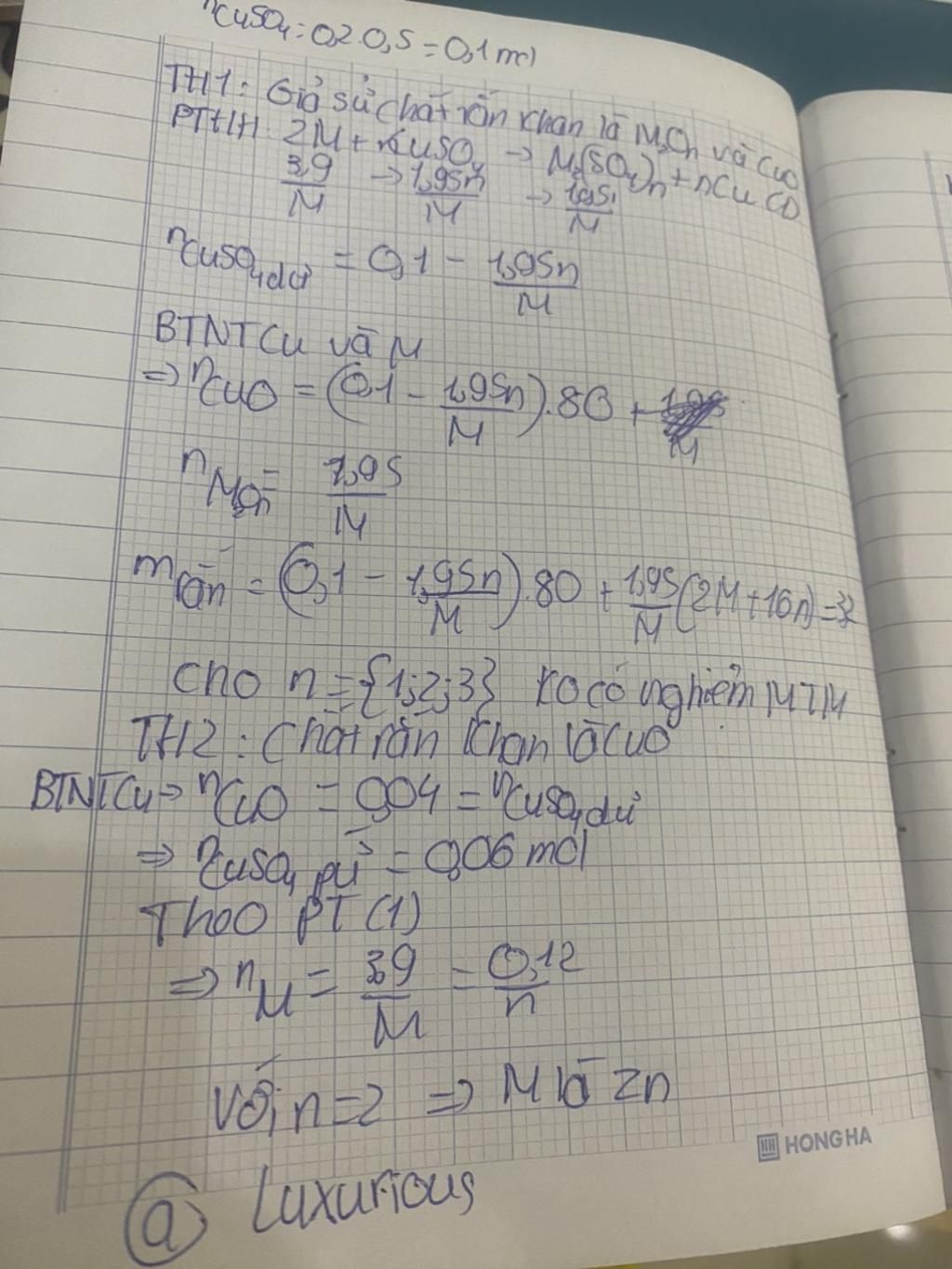 Cho 3,90 gam kim loại M (hóa trị n) vào 200 ml dung dịch CuSO4 0,50M. Sau phản ứng hoàn toàn ...