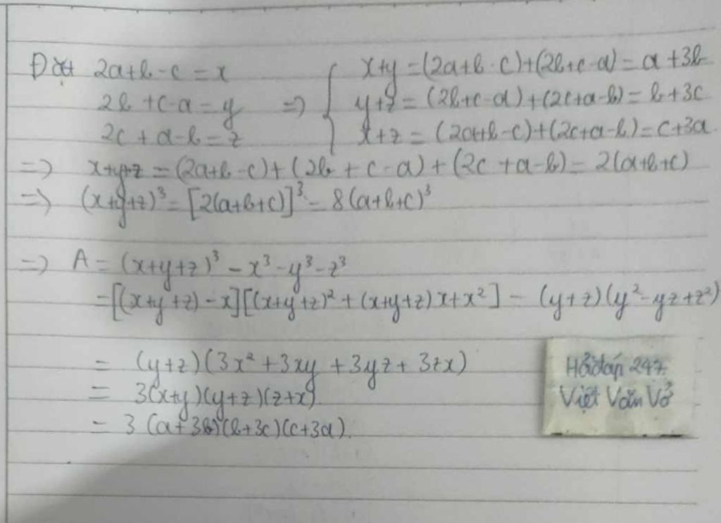A=8(a+b+c)3-(2a+b-c)3-(2b+c-a)3-(2c+a-b)3 câu hỏi 7282576 - hoidap247.com