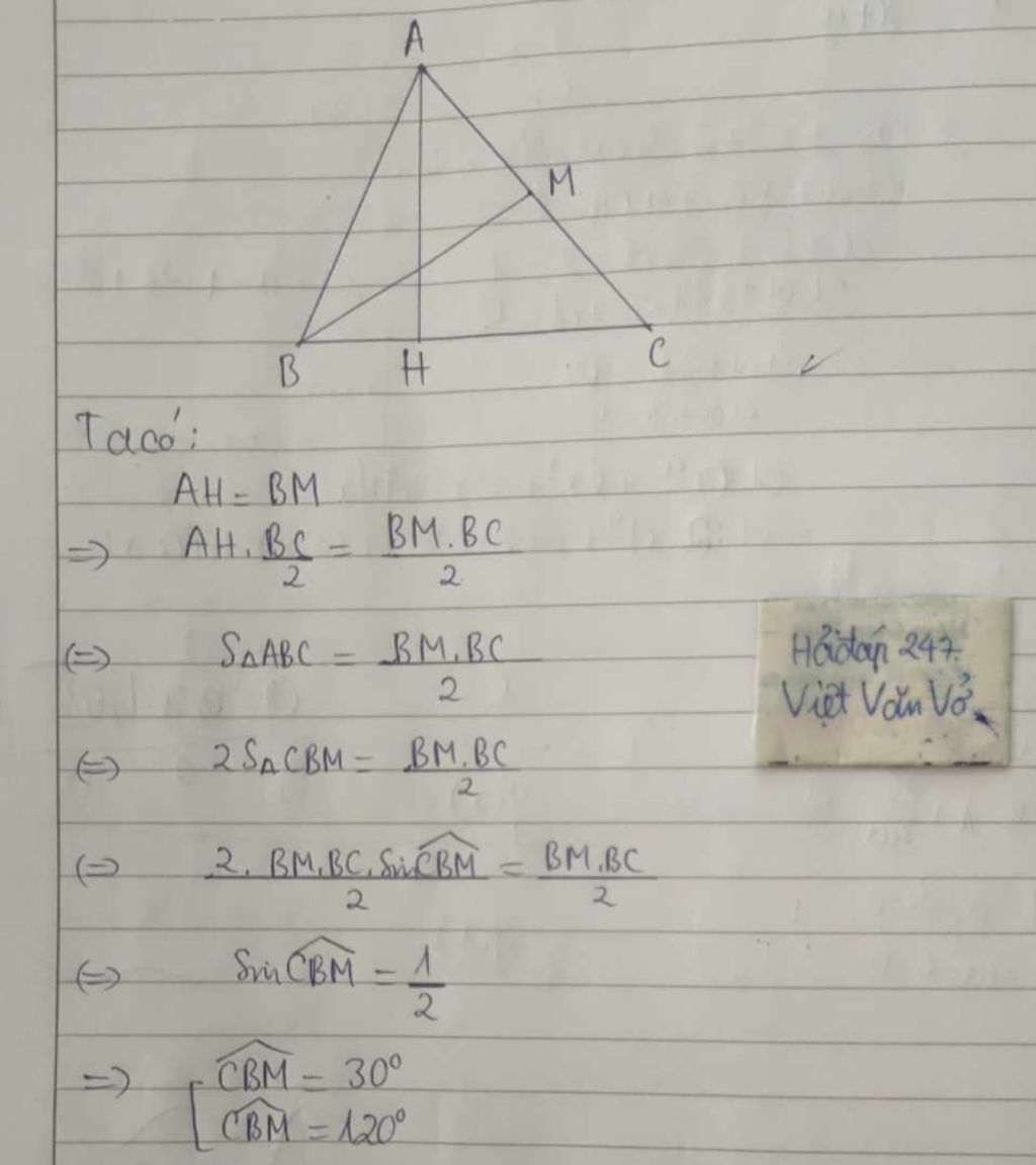 Cho tam giác ABC có trung tuyến BM, đường cao AH biết AH = BM. tính góc ...