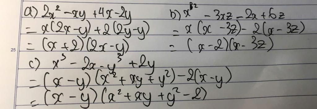 PHÂN TÍCH ĐA THỨC THÀNH NHÂN TỬ a) 2x^2-xy+4x-2y b)x^3-3xz-2x+6z c)x^3 ...