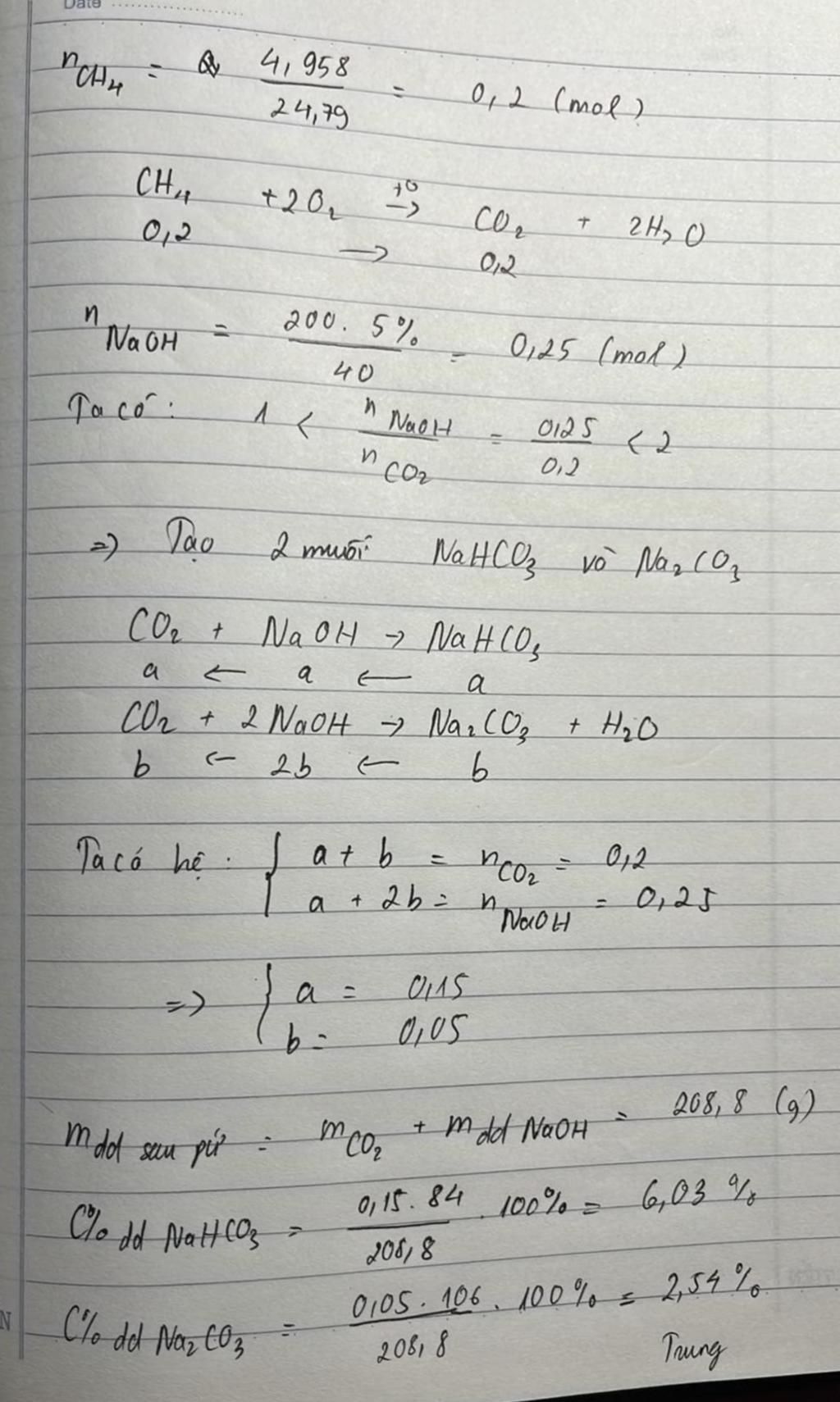 đốt cháy hoàn toàn 4,958 lít khí methane (CH4) trong không khí thua được khí CO2 và H2O. cho ...