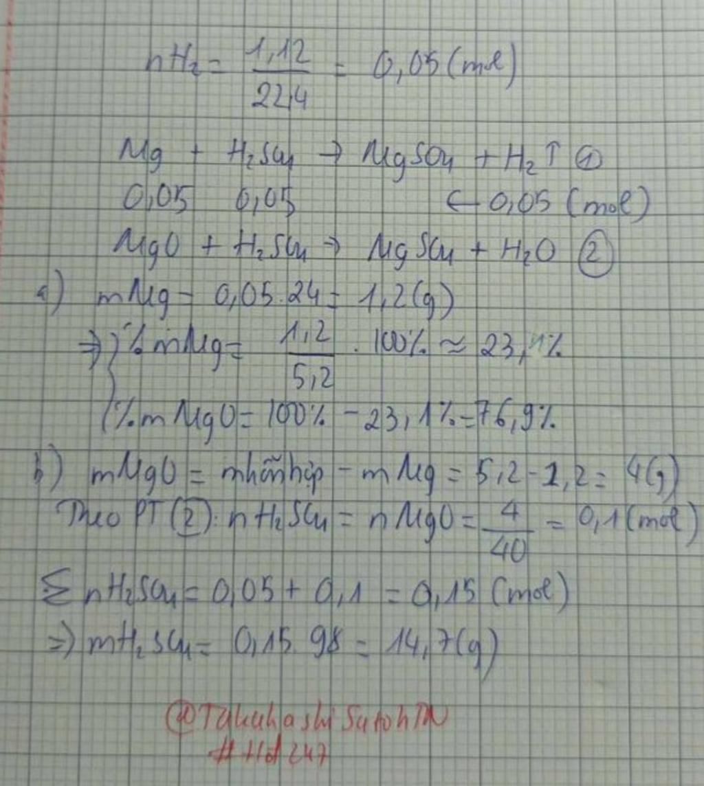 cho 5,2 g Mg và MgO tác dụng hết với dd H2SO4 thấy thoát ra 1,12 lít ...